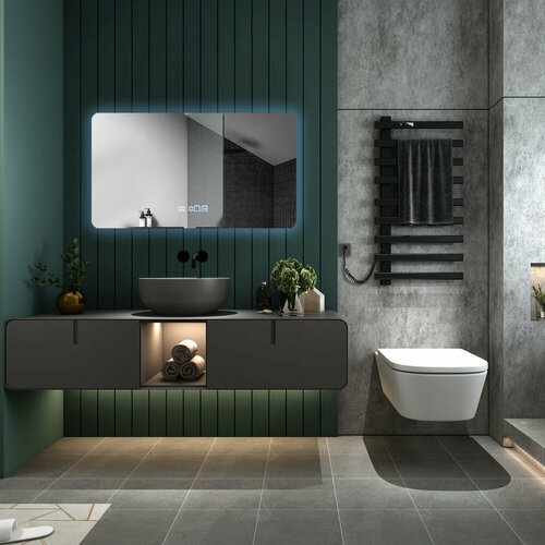 Зеркало для ванной Prisma 80*120 прямоугольное горизонтальное c часами и подогревом