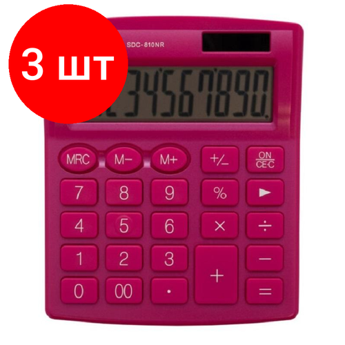 Комплект 3 штук, Калькулятор настольный Citizen SDC-810NR-PK 10р дв. пит комп-ый розовый