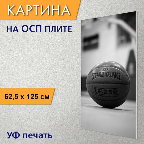 Вертикальная картина на ОСП "Баскетбол, мяч, черное и белое" 62x125 см. для интерьериа