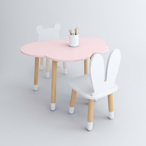 Комплект детской мебели DIMDOMkids, стол "Облако" розовый + стул "Зайка" белый
