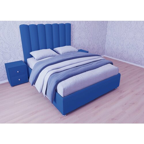 Двуспальная кровать Женева Нью 140x200 основание металлическое с ламелями велюр синий ножки 5 см