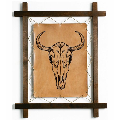 Картина Череп быка, гравировка на натуральной коже, интерьерная для украшения и декора на стену в деревянной раме, подарок, BoomGift