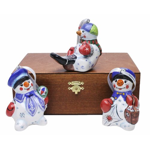 Снеговики 3 штуки в деревянной коробке Набор керамических елочных игрушек украшений цветная коллекция