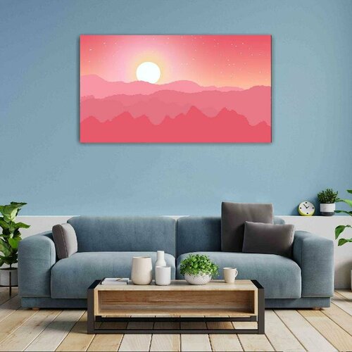 Картина на холсте 60x110 LinxOne "Горы Солнце Розовый Звезды" интерьерная для дома / на стену / на кухню / с подрамником