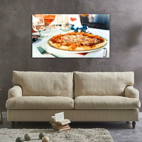 Картина на холсте 60x110 LinxOne "Вилка пицца тесто колбаса" интерьерная для дома / на стену / на кухню / с подрамником