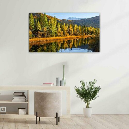 Картина на холсте 60x110 LinxOne "Осень лес отражение Россия" интерьерная для дома / на стену / на кухню / с подрамником