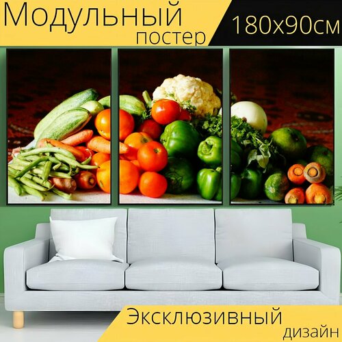Модульный постер "Овощи, природа, зеленый" 180 x 90 см. для интерьера