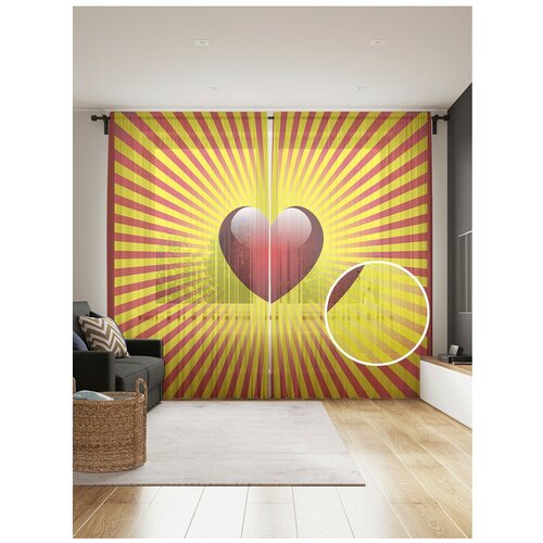 Тюль, фототюль длинный JoyArty "Яркое сердце" высота 265 см, ширина 145 см (2 полотна) на шторной ленте, крючки в комплекте