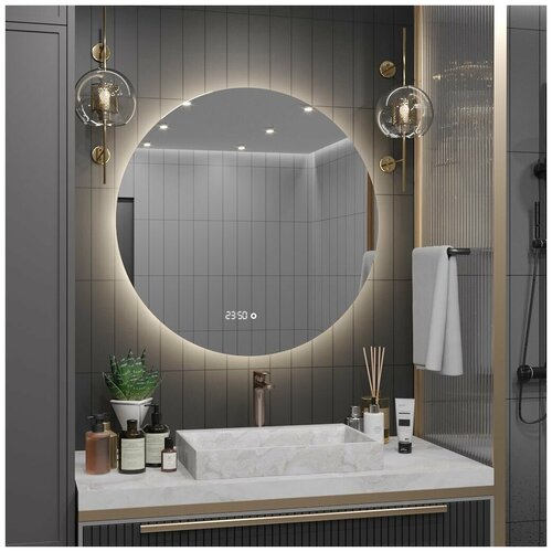Зеркало круглое Муза D75 для ванной с нейтральной LED-подсветкой и часами