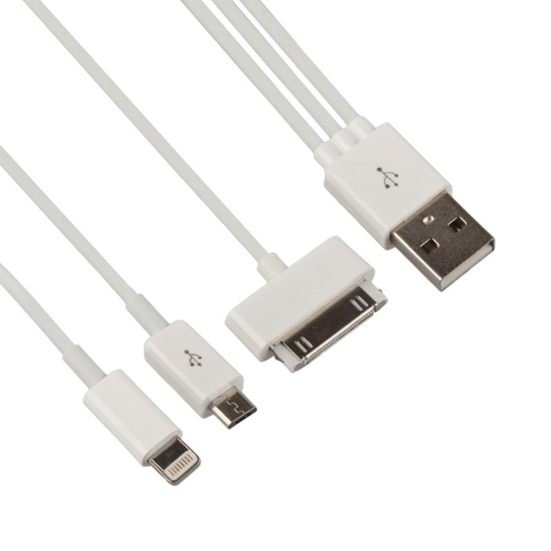 USB кабель "LP" 4 в 1 для Apple 30 pin/Apple Lightning 8-pin/Micro USB/Samsung Tab (белый/коробка)