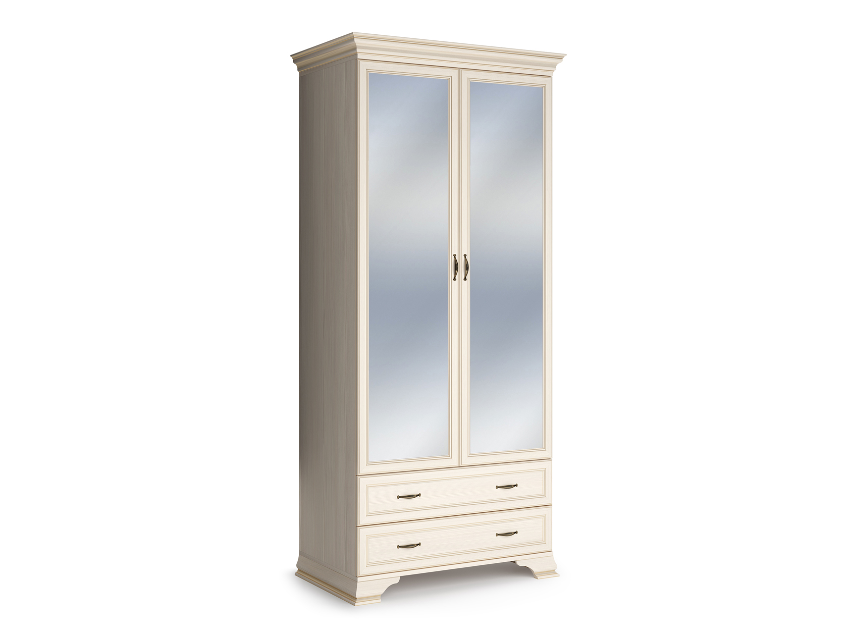 Распашной шкаф 2-х дверный Сиена Бодега белый, патина золото, С двумя зеркалами