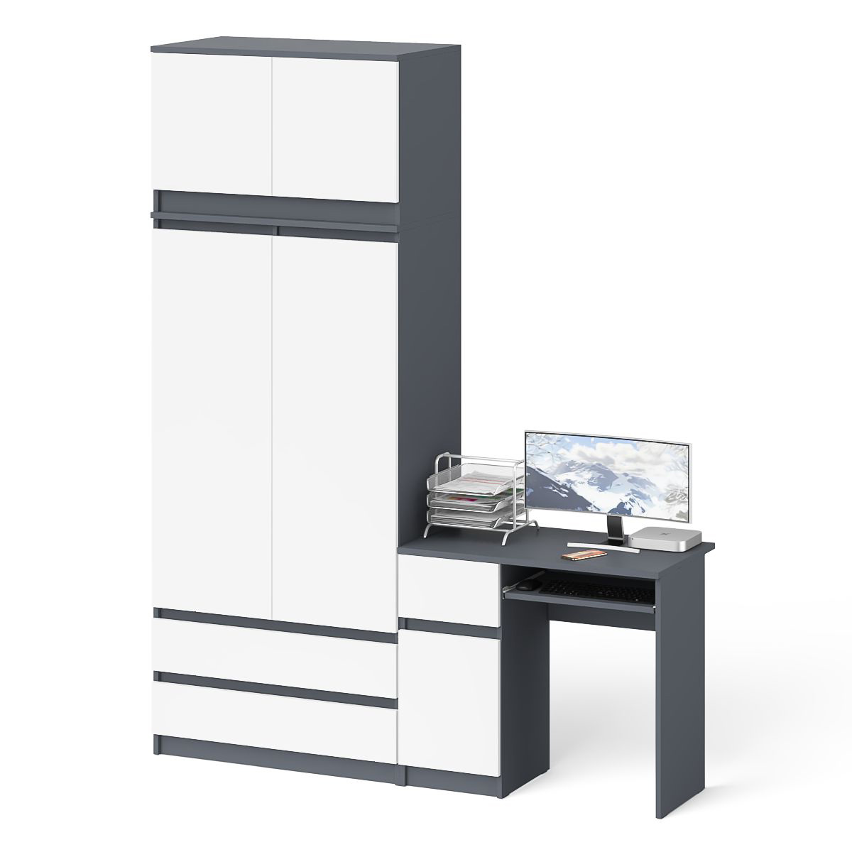 Компьютерный стол СВК Мори МС-1Л со шкафом с антресолью графит/белый, 180х50х234,2 см
