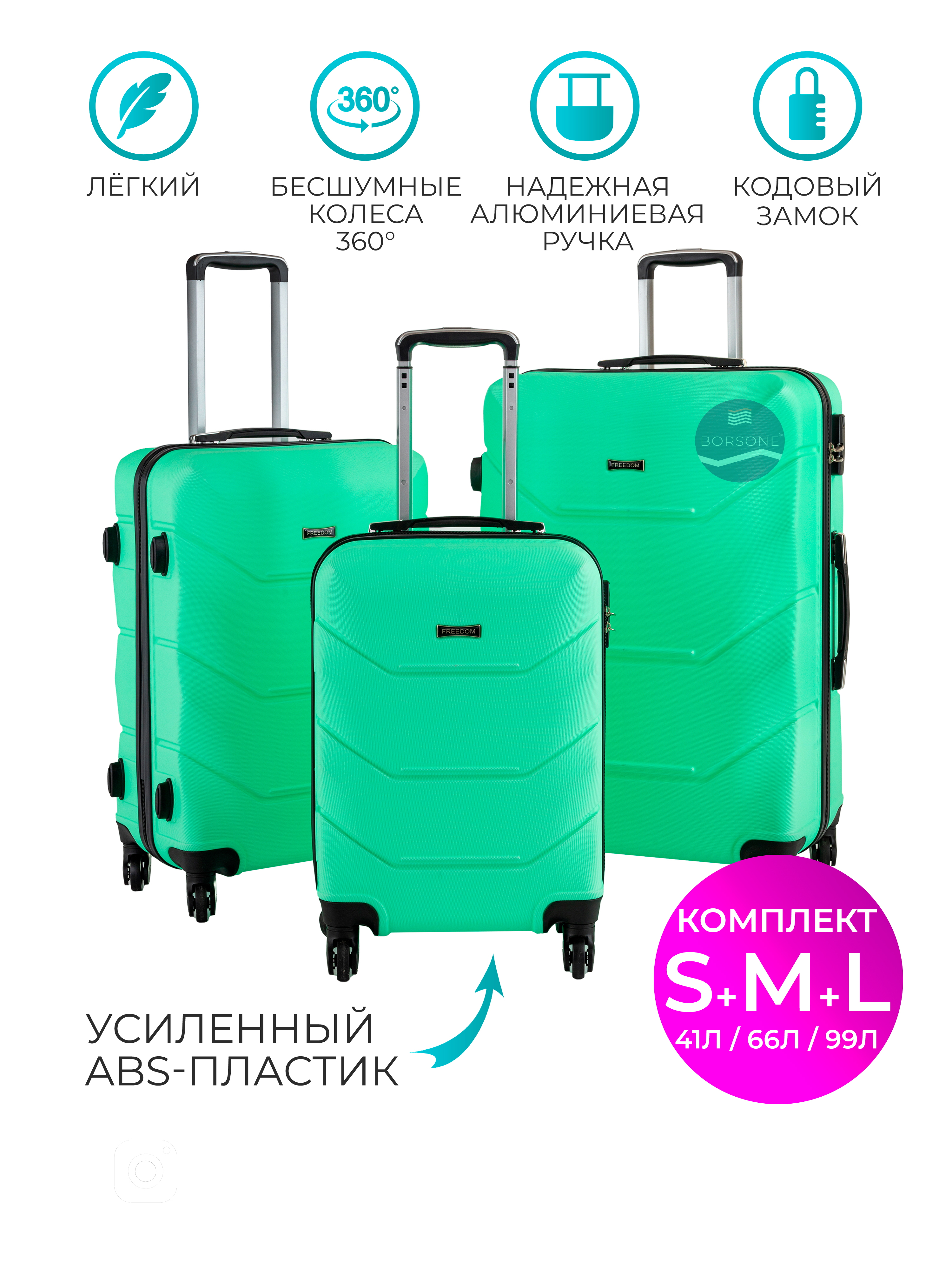 Комплект чемоданов женский Borsone Freedom мятный S/M/L