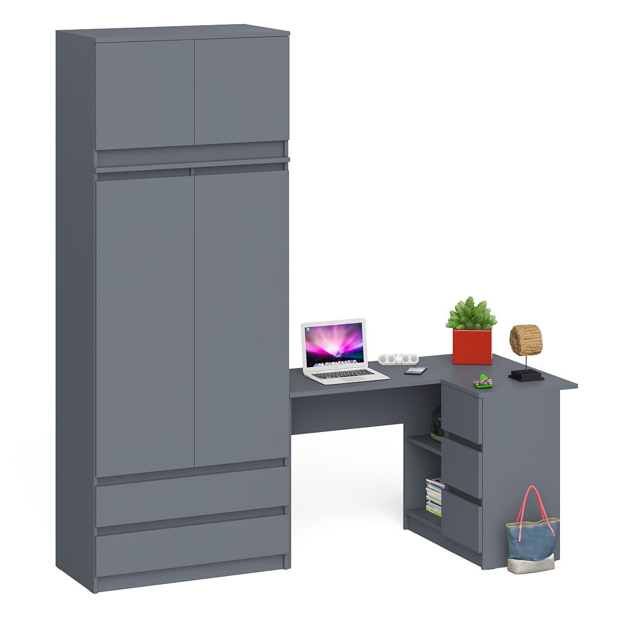 Угловой стол СВК Мори 16ПР со шкафом-комодом и антресолью графит, 214,8х85х234,2 см