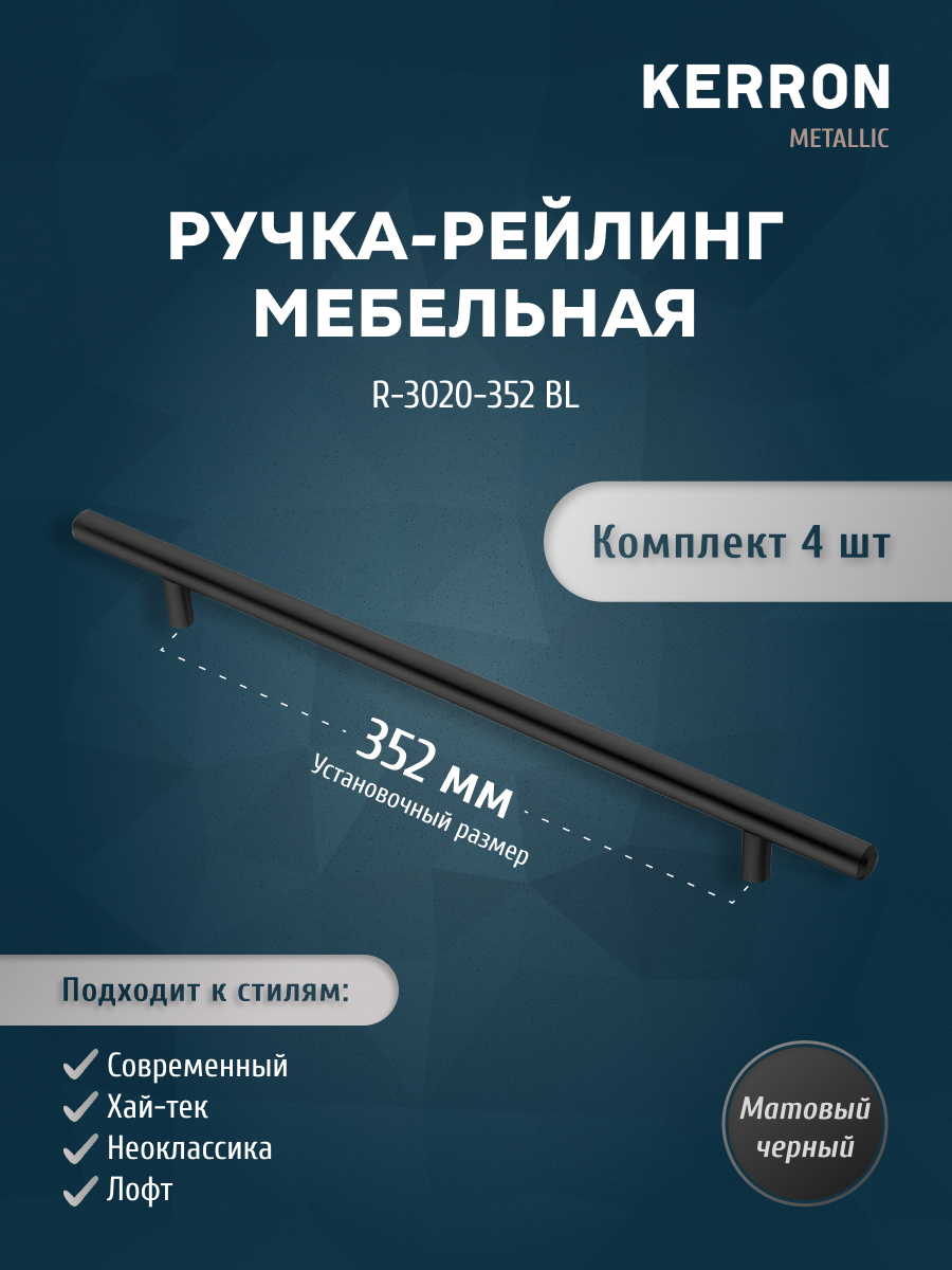 Комплект из 4 шт ручка-рейлинг KERRON 12 мм 352 мм матовый черный R-3020-352 BL