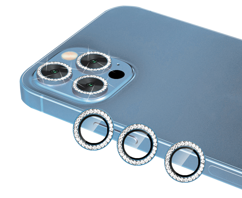 Защитное стекло Qvatra на камеру iPhone 13 Pro Max со стразами, голубой