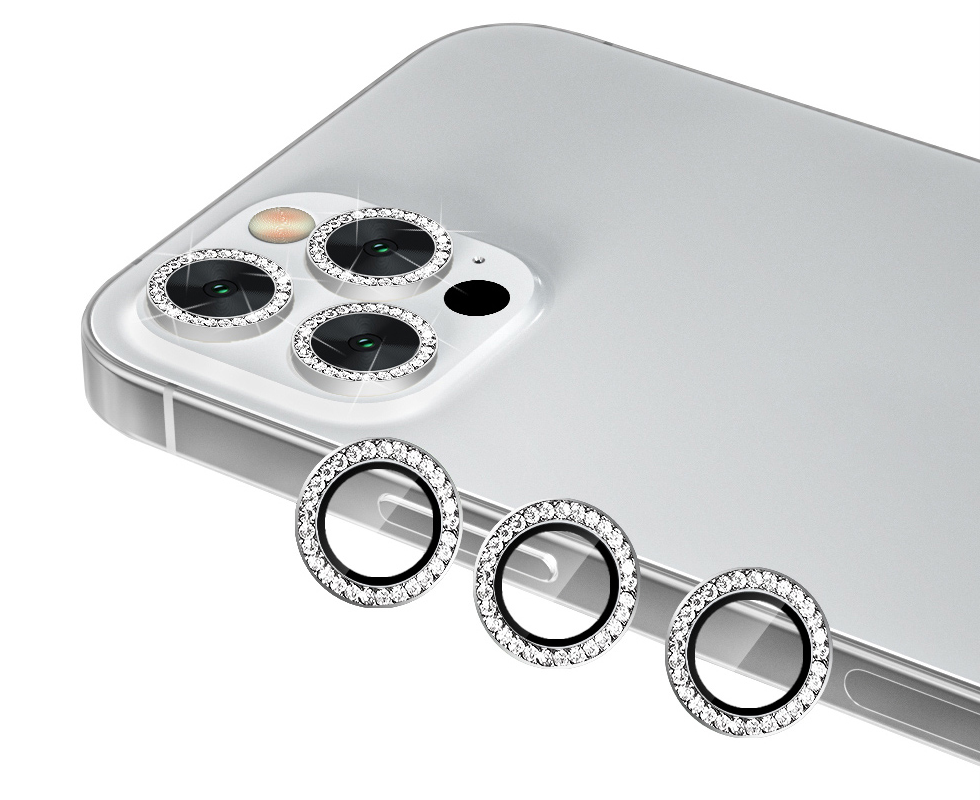 Защитное стекло Qvatra на камеру iPhone 13 Pro со стразами, серебристый
