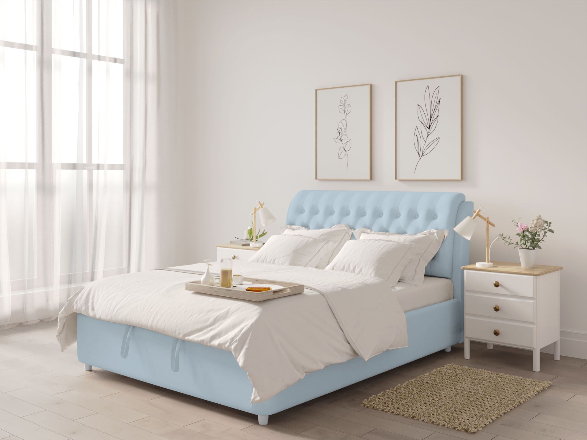 Двуспальная кровать ARMOS с ПМ Ellen 2 Велюр Teddy 028 голубой 140х200
