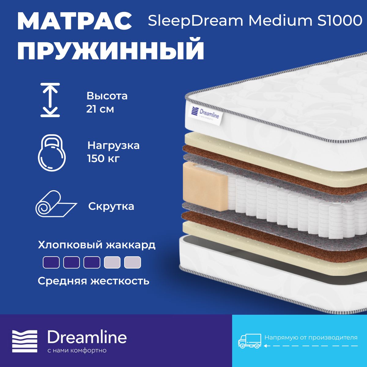 Матрас Dreamline SleepDream Medium S1000 (х/б жаккард) независимые пружины 180x190 см