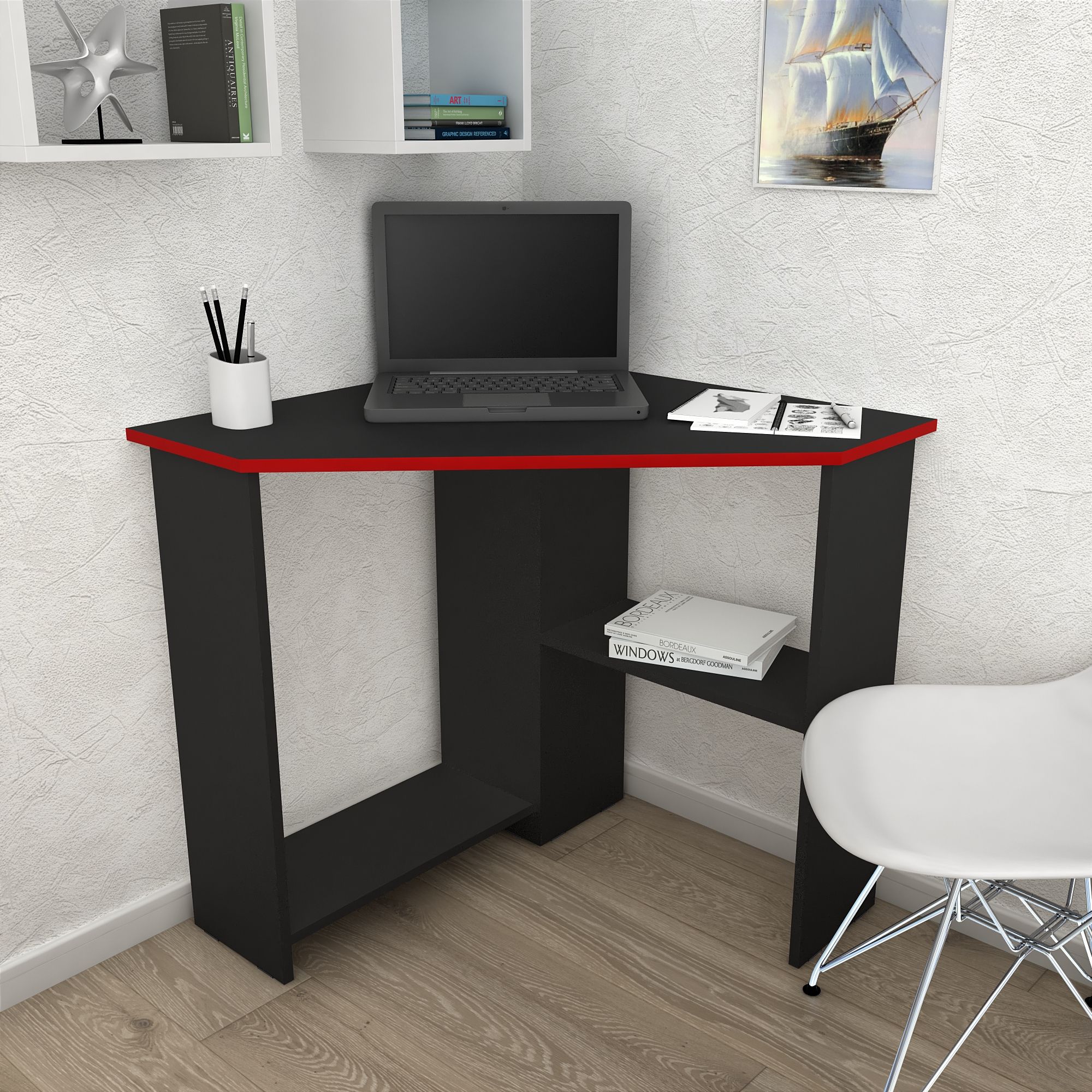 Стол письменный угловой компьютерный Дизайн Фабрика Corner 750, Черный/Красный, 75х75 см