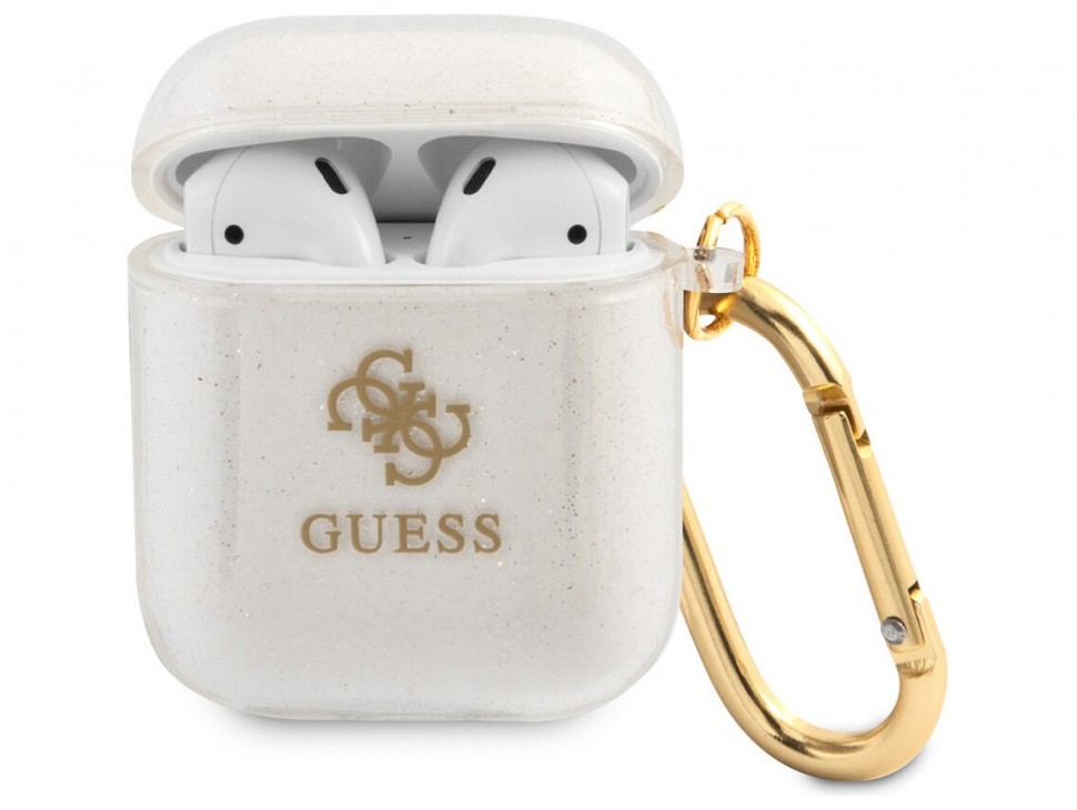 Чехол с карабином Guess TPU Transparent Glitter 4G для AirPods 1/2, Прозрачный