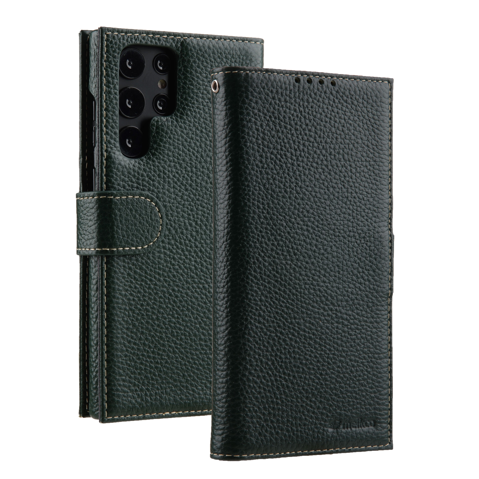 Кожаный чехол книжка Melkco Wallet Book Type для Samsung Galaxy S22 Ultra, темно-зелёный