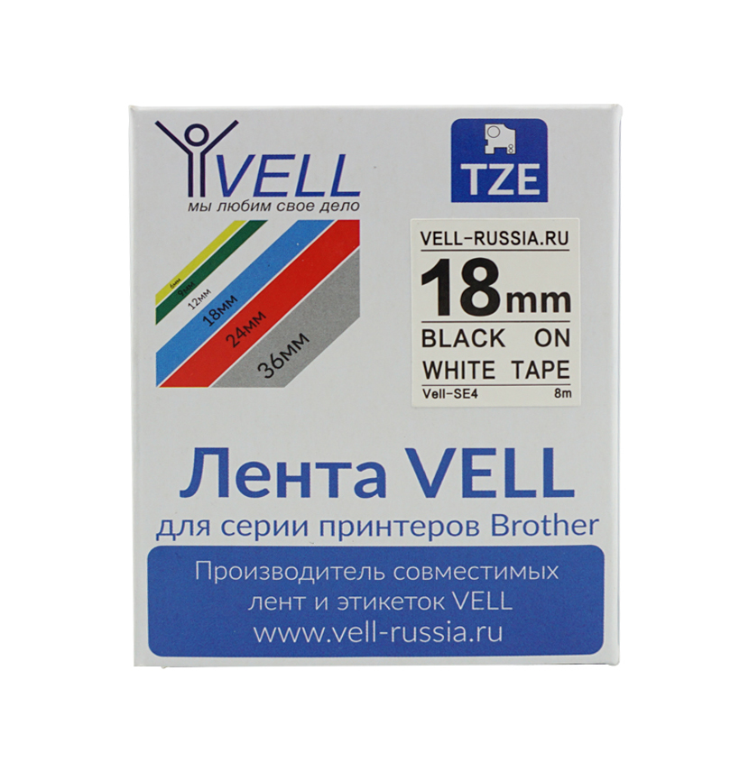 Лента Vell VL-SE4 (Brother TZE-SE4, 18 , черный на белом)