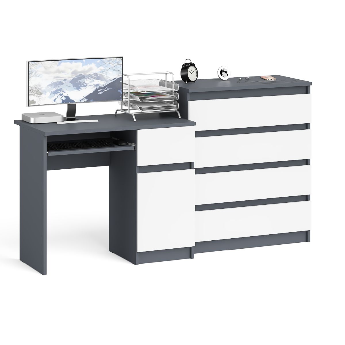 Компьютерный стол СВК Мори МС-1 правый с комодом 4 ящика графит/белый, 170х50х94 см