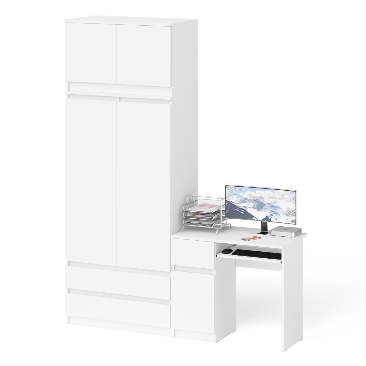 Компьютерный стол СВК Мори МС-1Л со шкафом с антресолью белый, 180х50х234,2 см