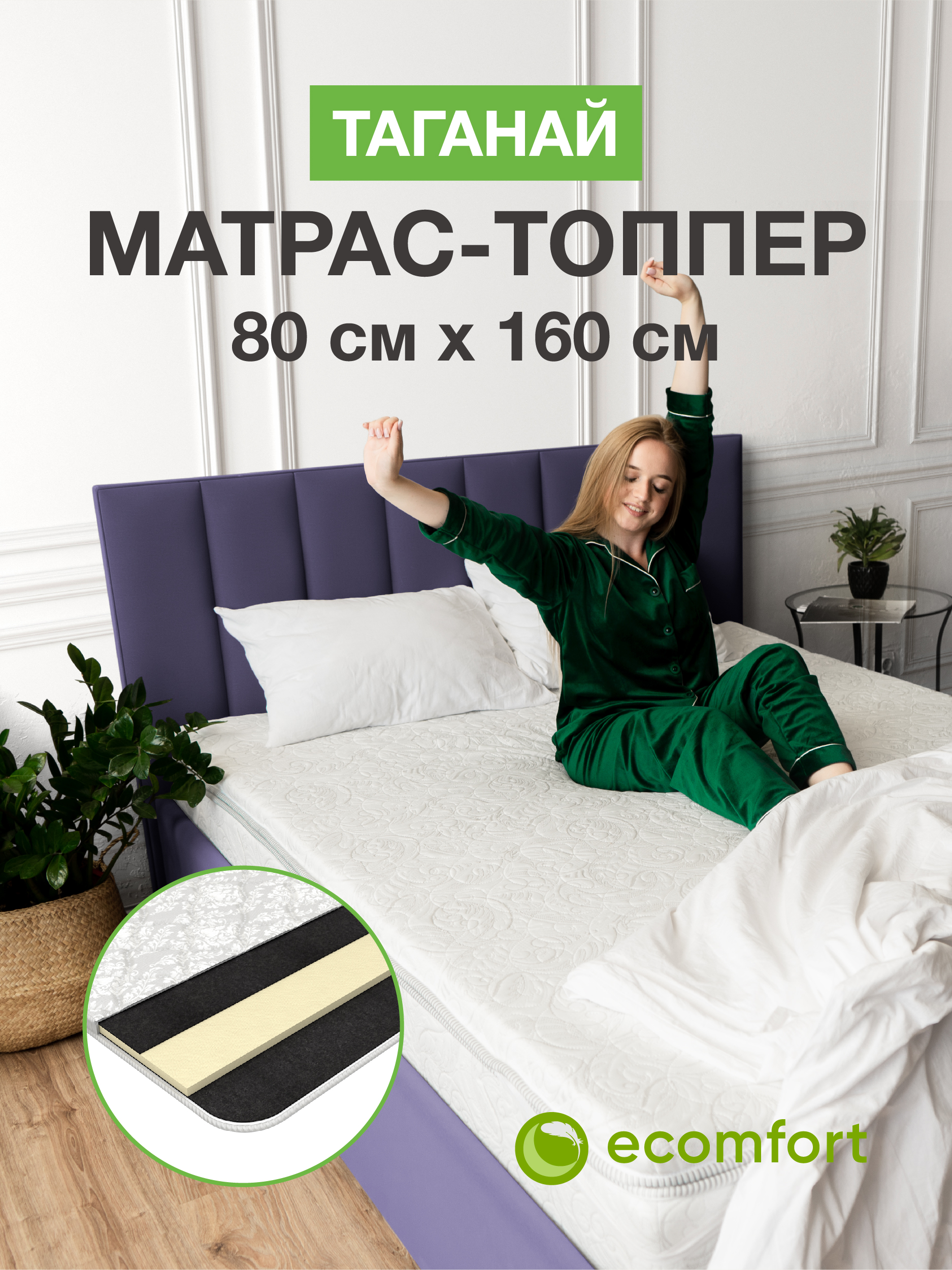 Топпер на диван Ecomfort Таганай на резинке, 80х160 см