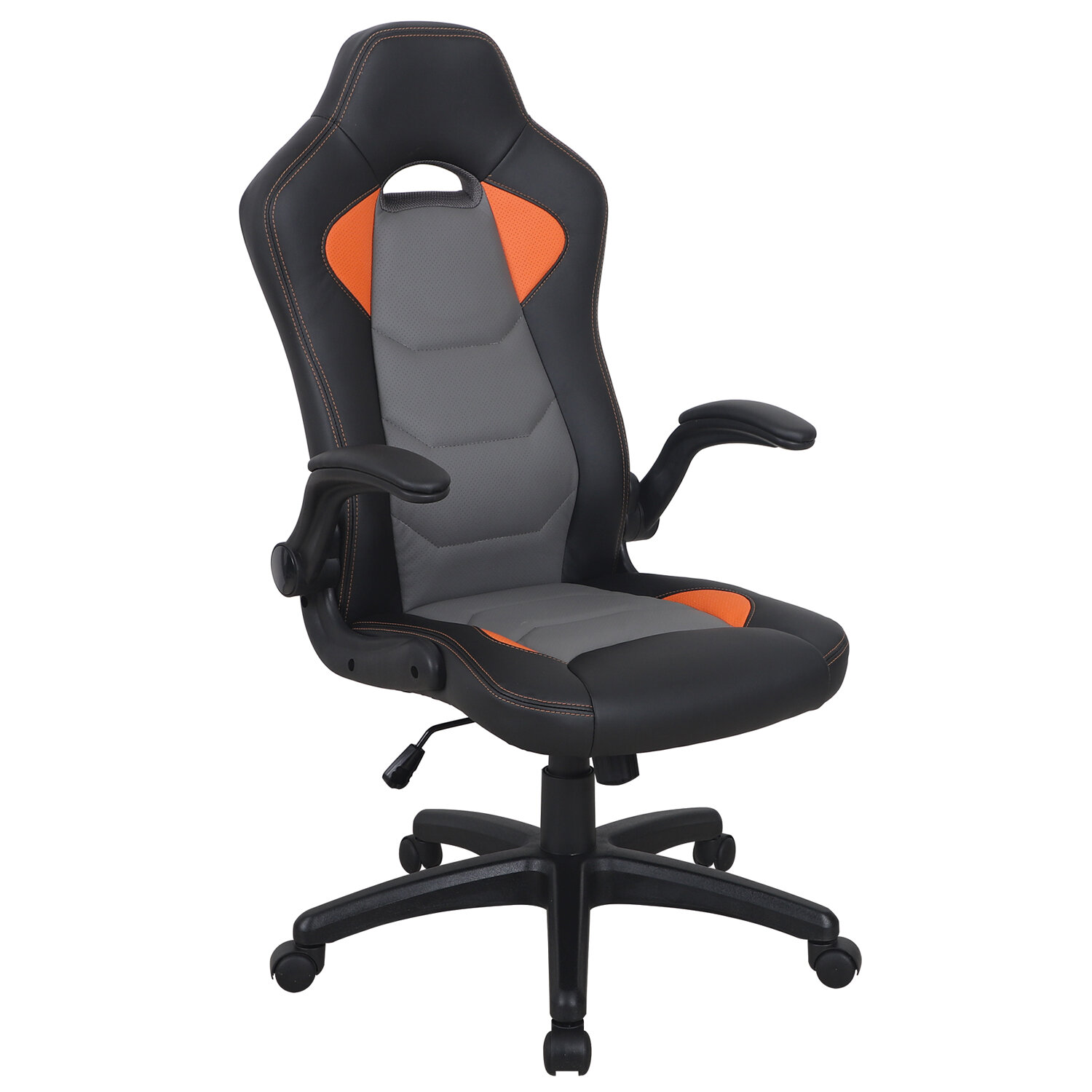 Кресло компьютерное BRABIX Skill GM-005, откидные подлокотники, экокожа, черное/оранжево