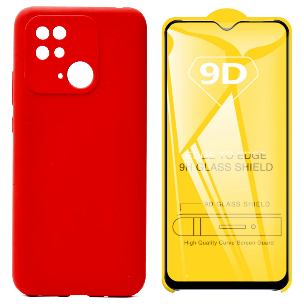 Чехол накладка силиконовый для Xiaomi Redmi 10C / КОМПЛЕКТ с защитным стеклом 9D / красный