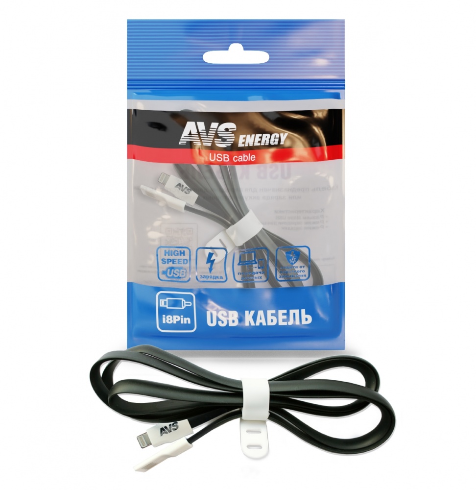 Кабель AVS IP-551 USB - Lightning 8 pin iPhone5/6/7/8, 1 м, черный