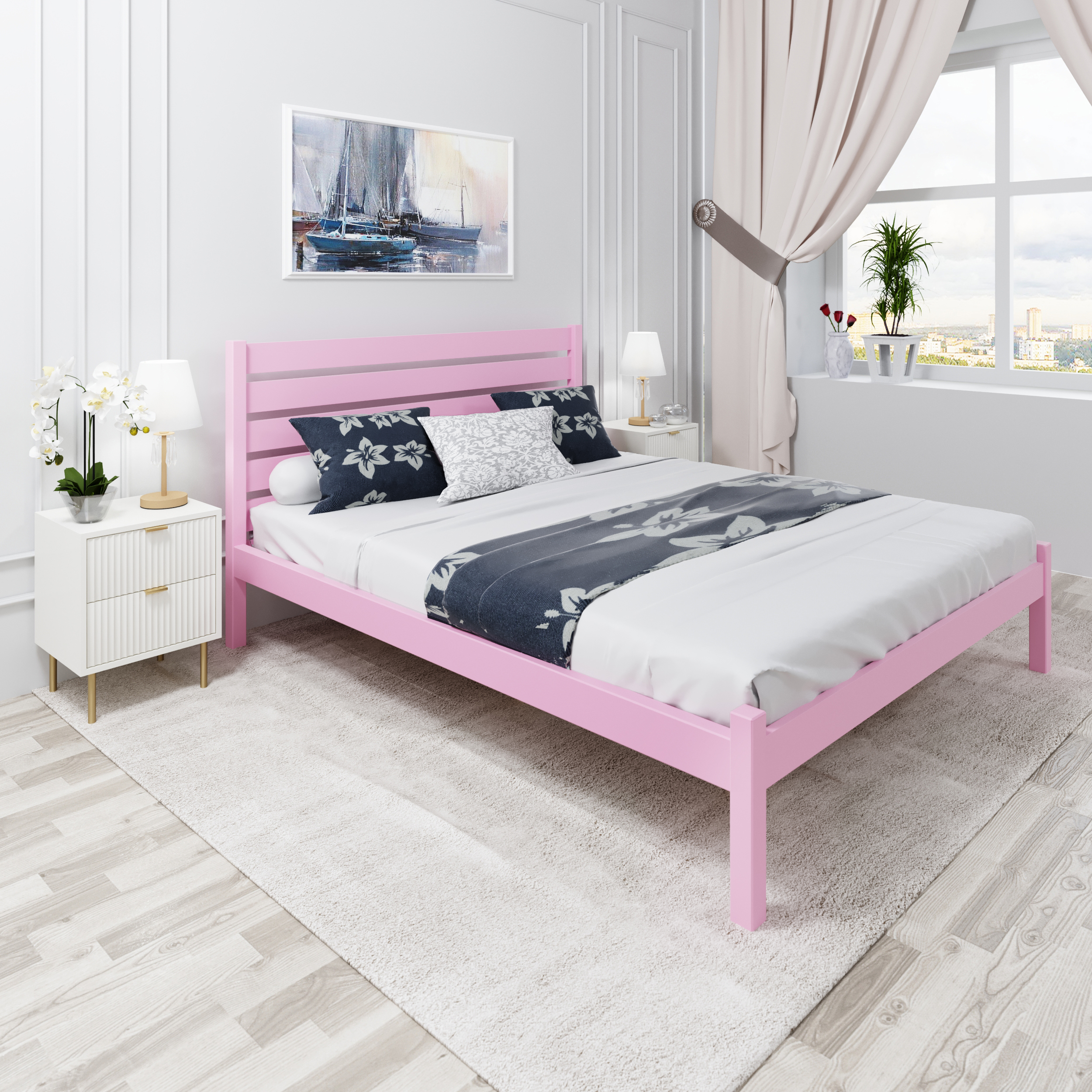 Кровать Solarius Классика высокая спинка реечное основание 200х150, цвет розовый