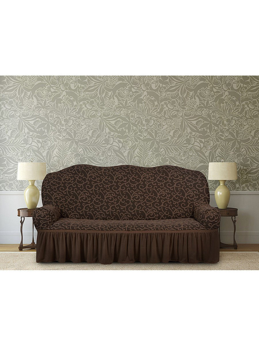 Чехол "Жаккард" с оборкой на 3-х местный диван KARTEKS 491/110.004, темно-коричневый