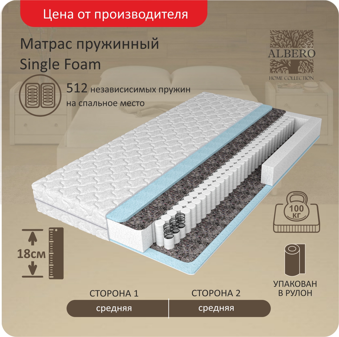 Анатомический матрас пружинный Albero Single Foam 90-200