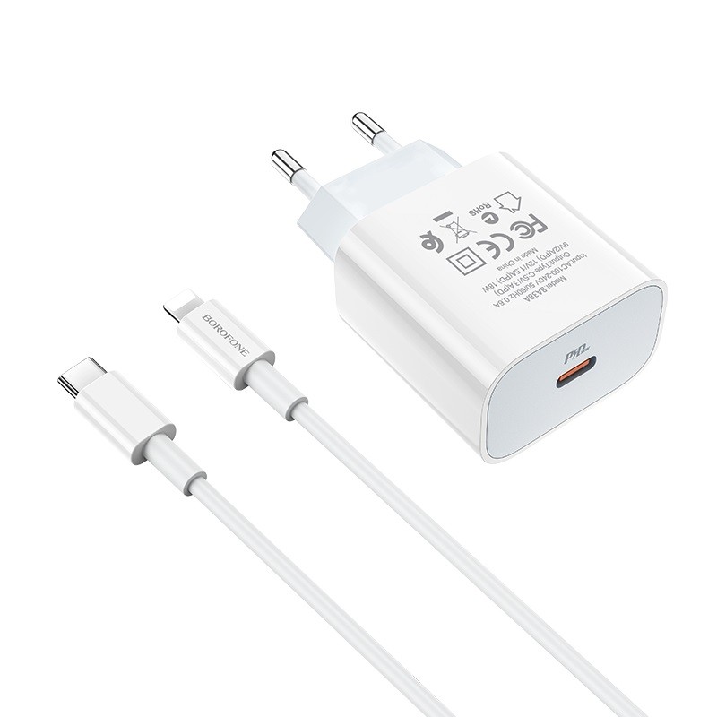 Сетевое зарядное устройство 18W USB Type-C Borofone BA38A (Белое) с кабелем Lightning