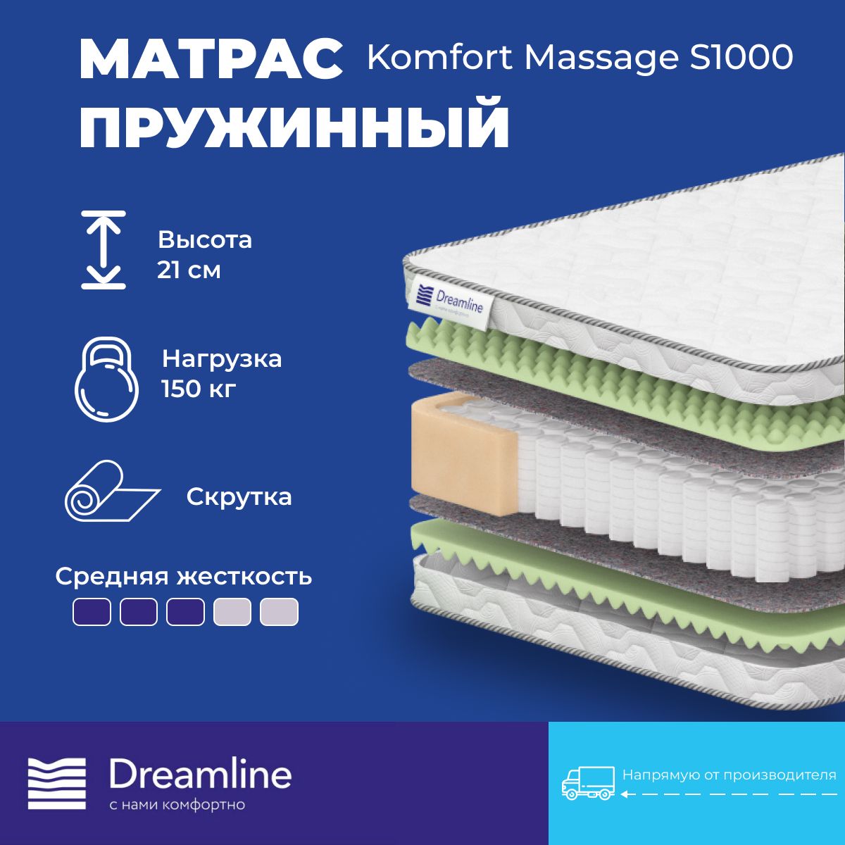 Матрас Dreamline Komfort Massage S-1000 (х/б жаккард) независимые пружины 150x200 см