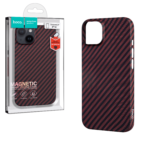 Чехол Hoco для iPhone 14 Carbon Ultra-Thin MagSafe, черный-бордовый