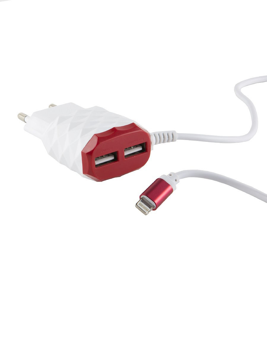 Сетевое зарядное устройство RED LINE 2 USB, 2,1 A, white/red