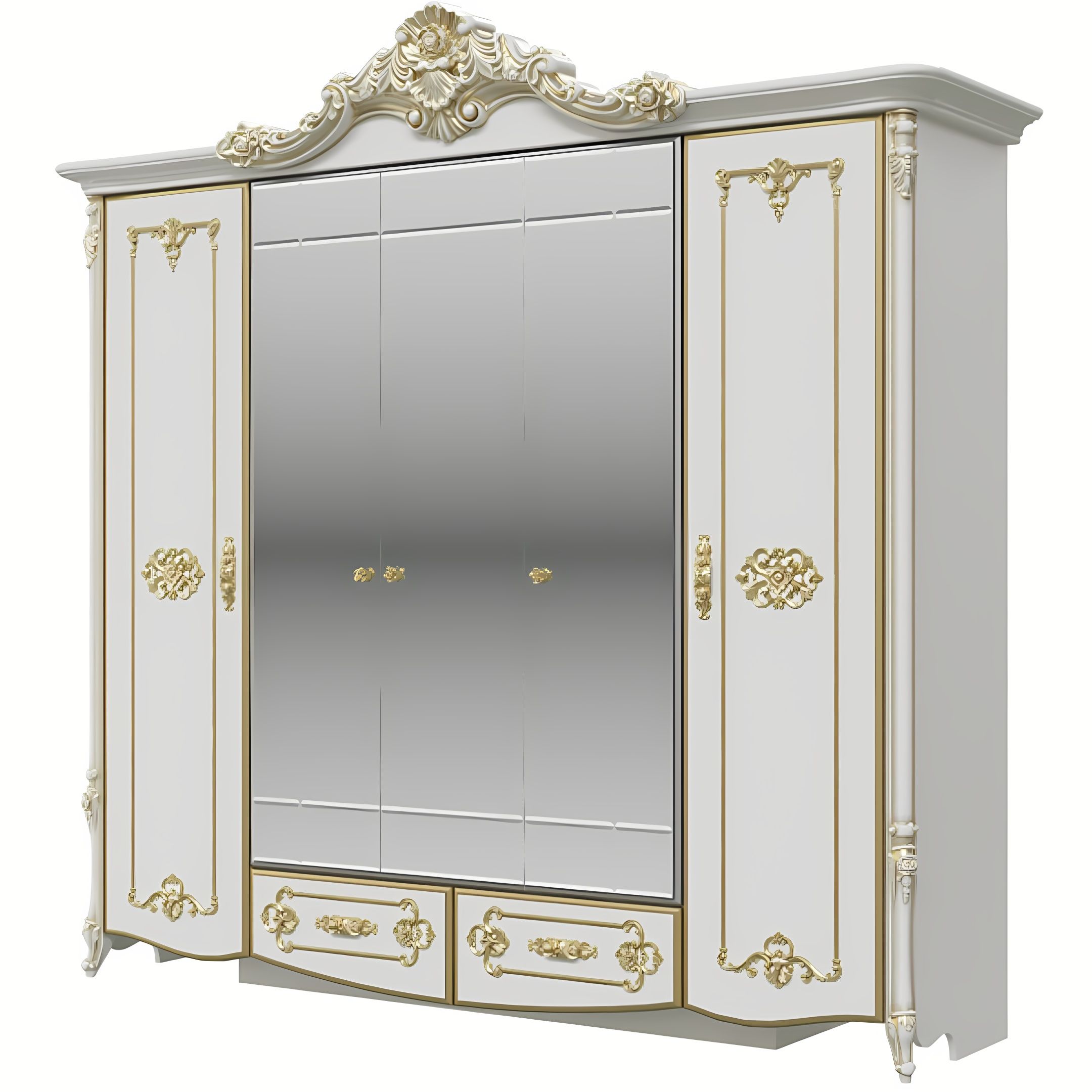 Шкаф 5-дверный 2470х640х2400 мм Белый глянец с золотом/серебром, МДФ, ручная роспись