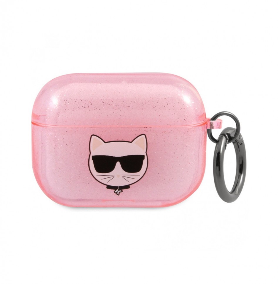 Чехол с карабином Karl Lagerfeld TPU Choupette Glitters для AirPods Pro, Розовый