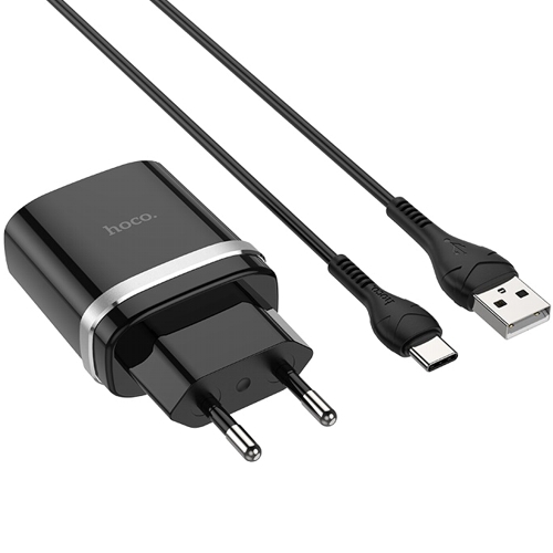 Сетевое зарядное устройство c USB Hoco C12Q, кабель USB - Type-C, QC3.0 черное