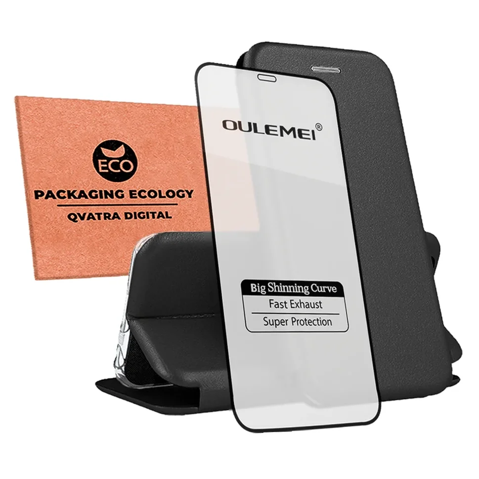 Чехол книжка для iPhone 11 / КОМПЛЕКТ со защитным стеклом 9D / для Айфон 11 / черный