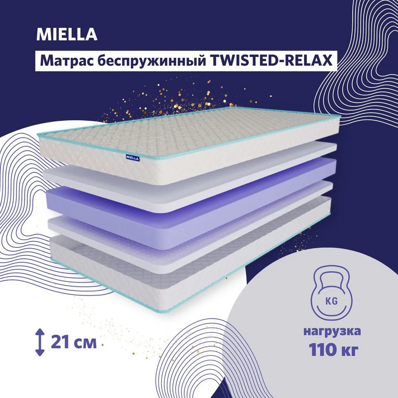 Матрас MIELLA Twisted-Relax для кровати, анатомический, беспружинный 120х190 см
