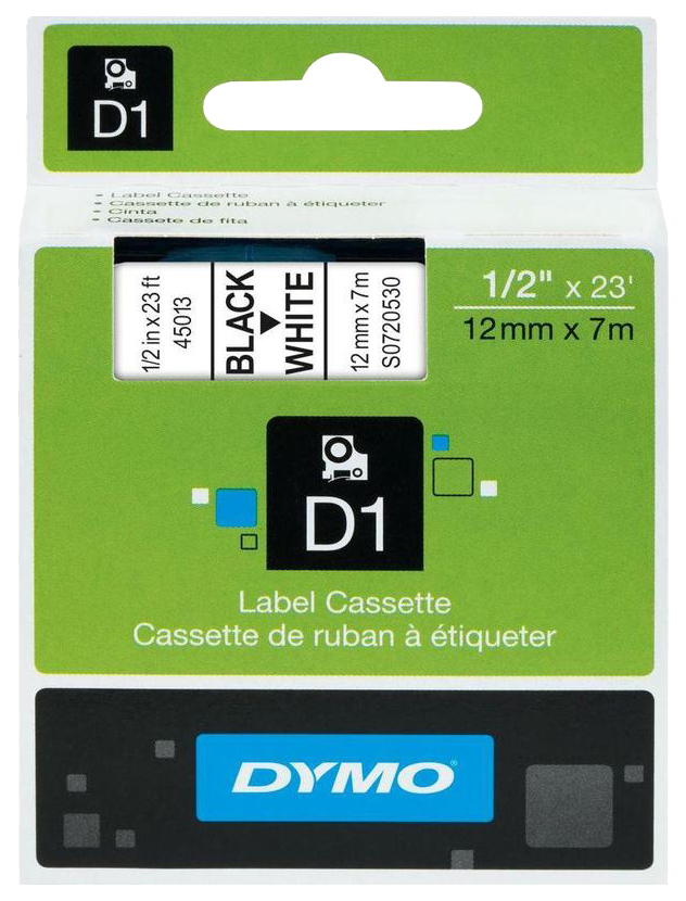 Картридж с лентой Dymo D1, черный на белом, 12 мм х 7 м
