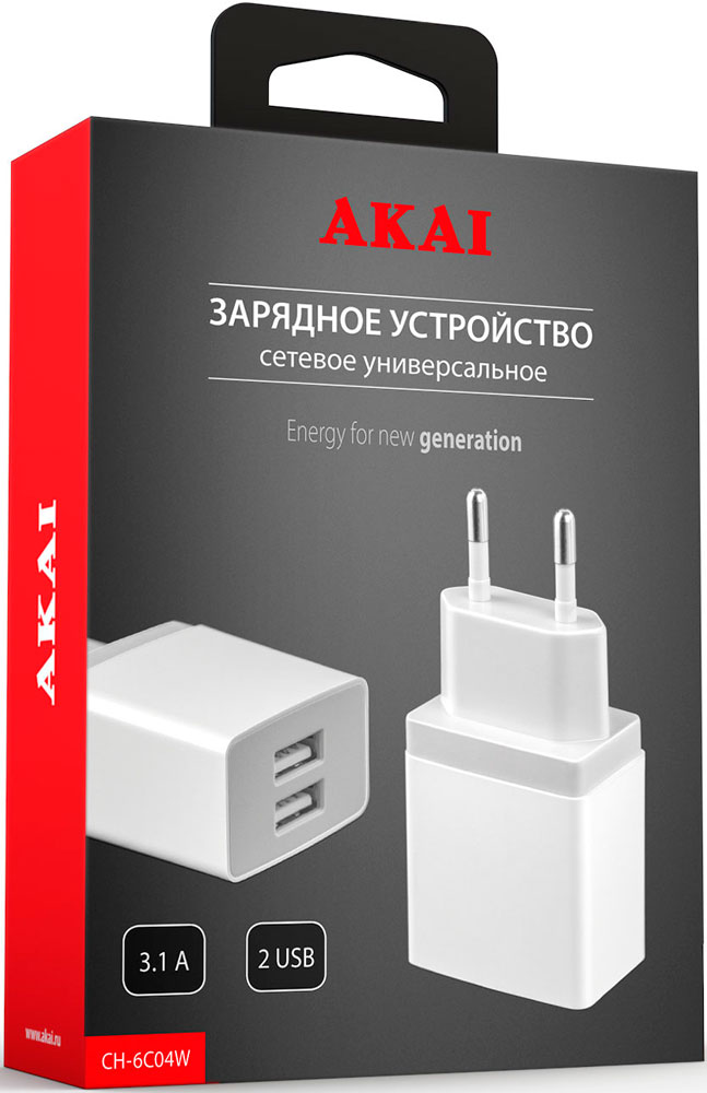 Сетевое зарядное устройство AKAI CH-6C04W, 2xUSB, 3,1 A, black