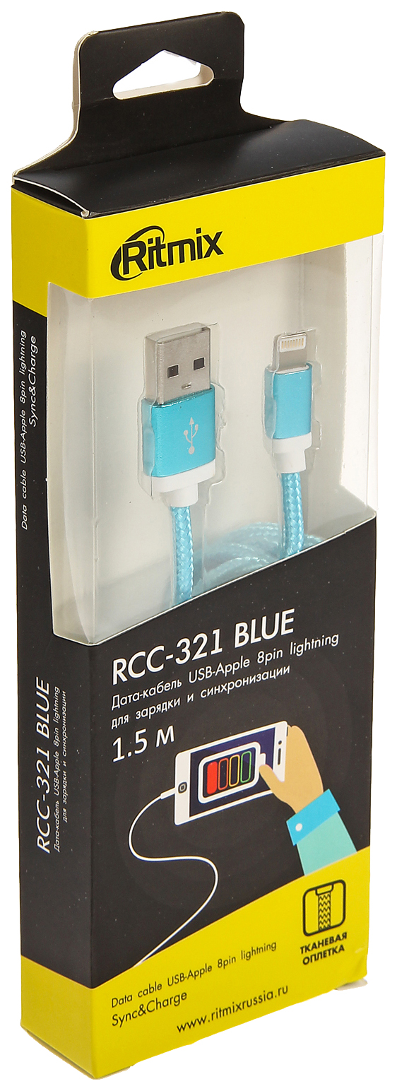 Кабель Ritmix RCC-321 Lightning 8pin-USB blue 1,5м, ткан, опл,, мет, коннекторы