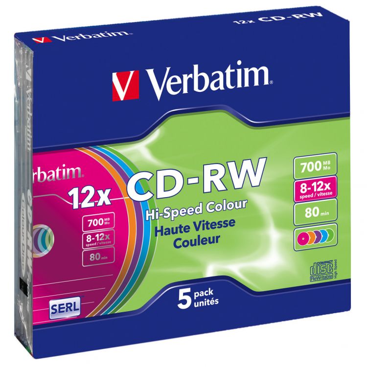 Verbatim Диски CD-RW Verbatim 700Mb 12x SlimCase 5шт Color 43167