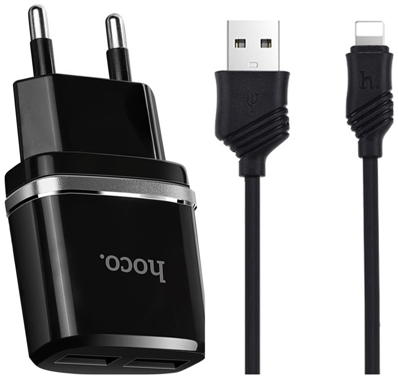 Сетевое зарядное устройство c 2 USB, кабель USB-Lightning Hoco C12, черное, max 2.4A